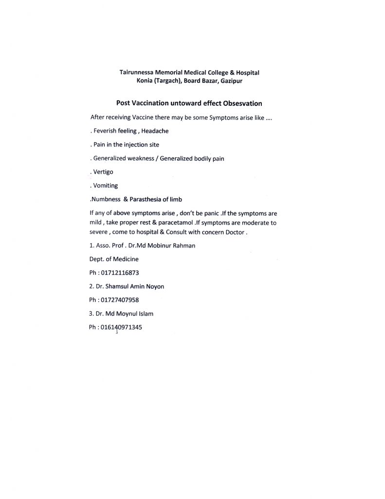 Post Vaccination Untoward Effect Obsesvation – Tairunnessa Memorial ...